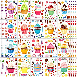 Sinmoe 100 Sheets Valentine Cupcake Stickers Colorful Make Your Own Stickers DIY Sweet Kids Cupcake Craft Stickers Mix and Match Dessert Stickers for Kids Classroom Birthday Party Favor, 20 Styles