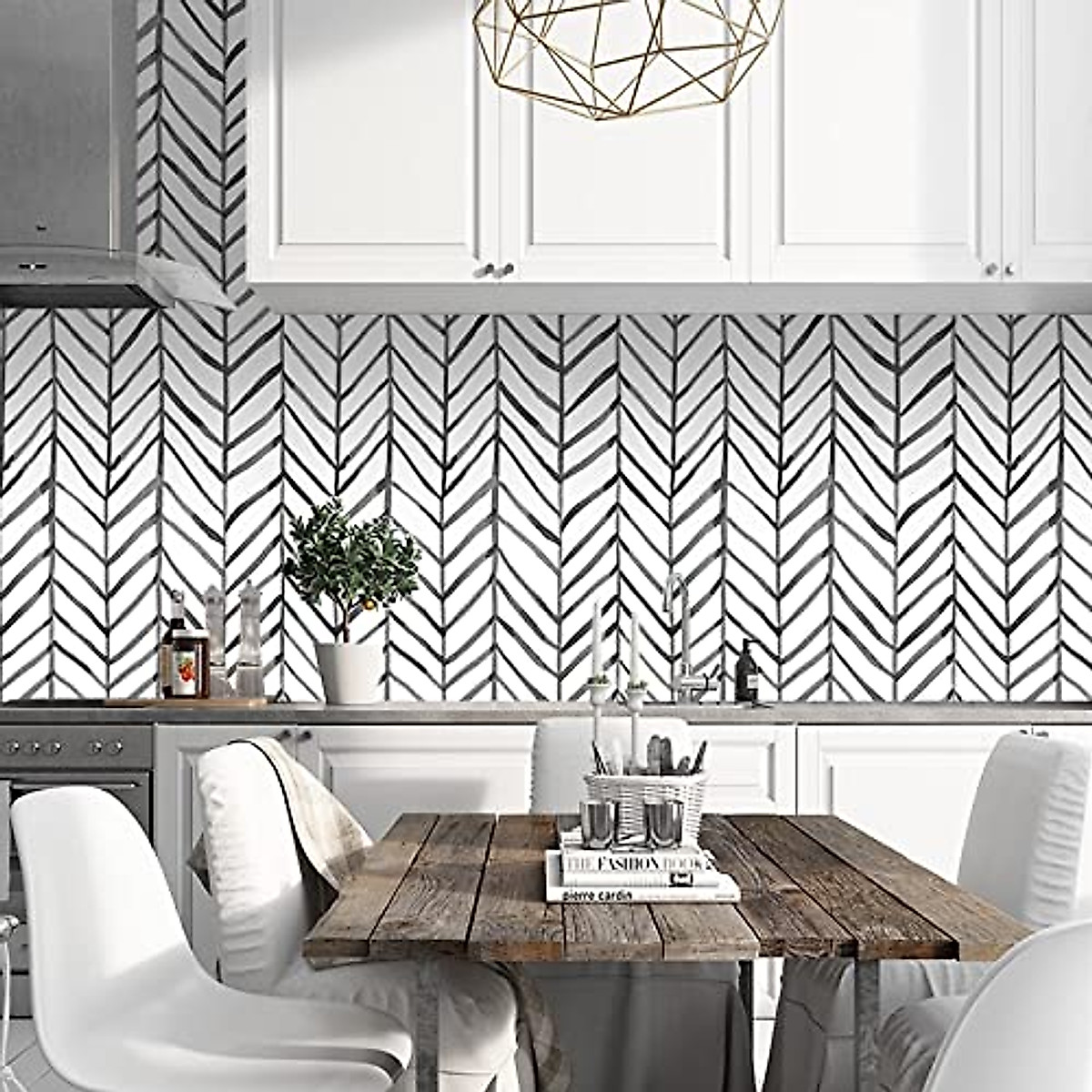HAOKHOME 96020-1 Boho Stripe Peel and Stick Wallpaper Herringbone Black White Vinyl Self Adhesive Room Decor Contact Paper 17.7in x 9.8ft