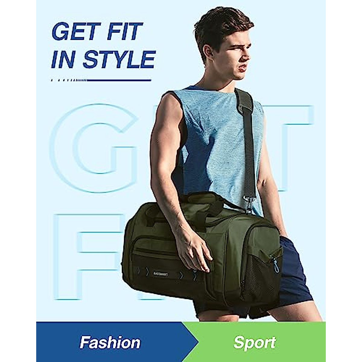 Gym Bag for Men & Women, BAGSMART Sports Travel Duffel Bag Carry-on Bag, Lightweight Weekend Overnight Bag with Shoe Compartment & Wet Pocket, Water-resistant Workout Duffle Bag for Travel Gym -Green