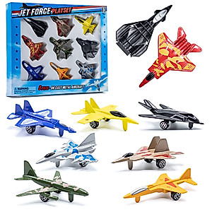 Srenta Assorted Color & Styles 9 Piece Die Cast Air Force Jet Play Set, Fighter Jet Model Military Themed Airplane Sets for Kids