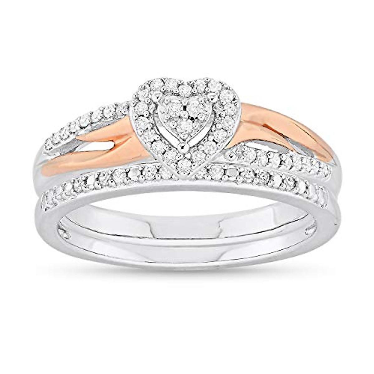 14K Rose Gold Plated .925 Sterling Silver 1/5 Cttw Diamond Heart Halo Engagement Ring and Wedding Band Bridal Set (H-I Color, I1-I2 Clarity) - Size 9