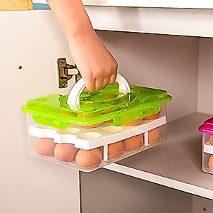 HOTUMN 2 Tiers Deviled Egg Containers with Lid & Holder Plastic Egg Holders Clear Egg Tray Egg Carrier Fridge Freezer Food Storage (Green) 24 eggs