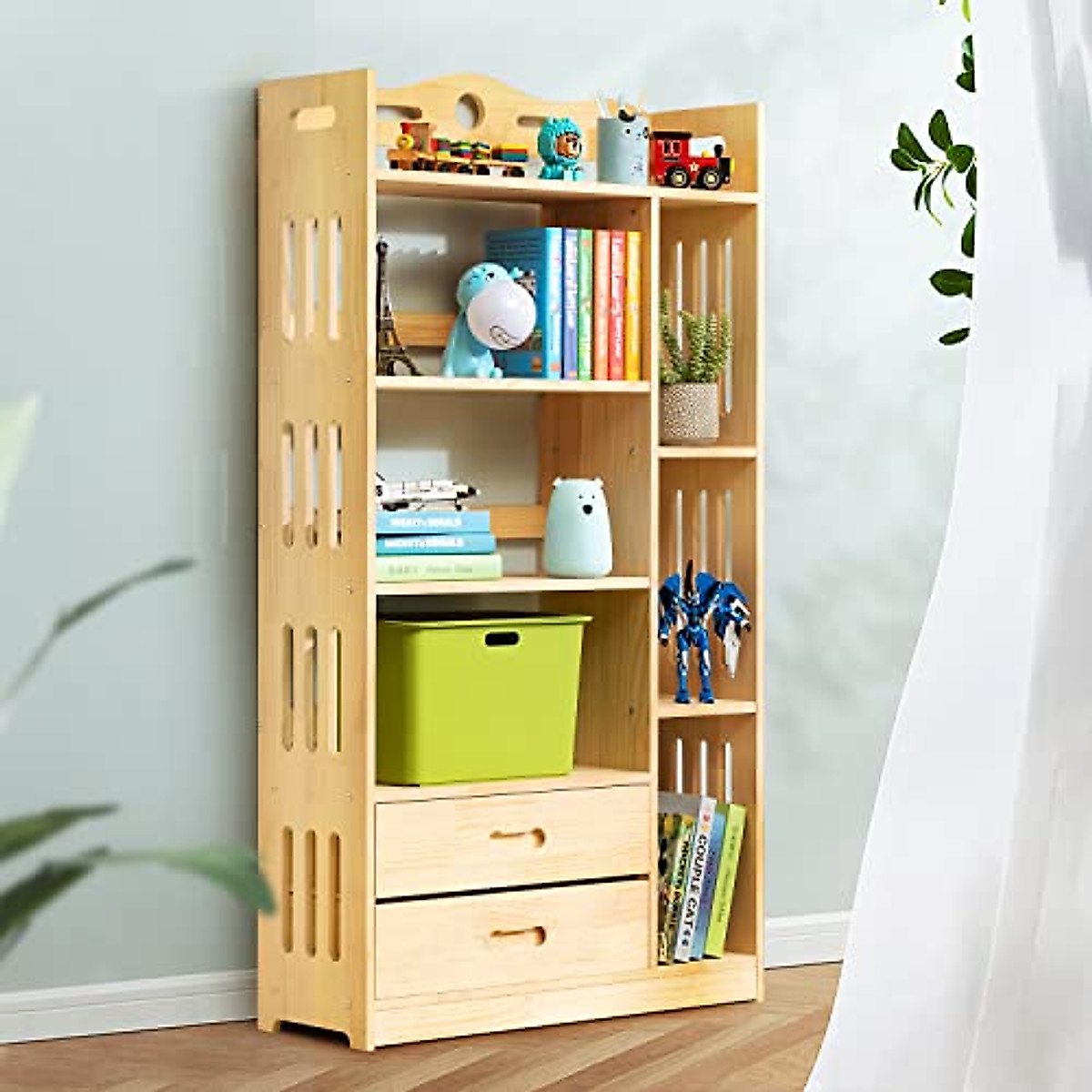 MoNiBloom 4 Tier Bookcase with Open Shelves and 2 Drawers, Large Modern Wood Heavy Duty Storage Display Stand Rack for Living Room, Natural