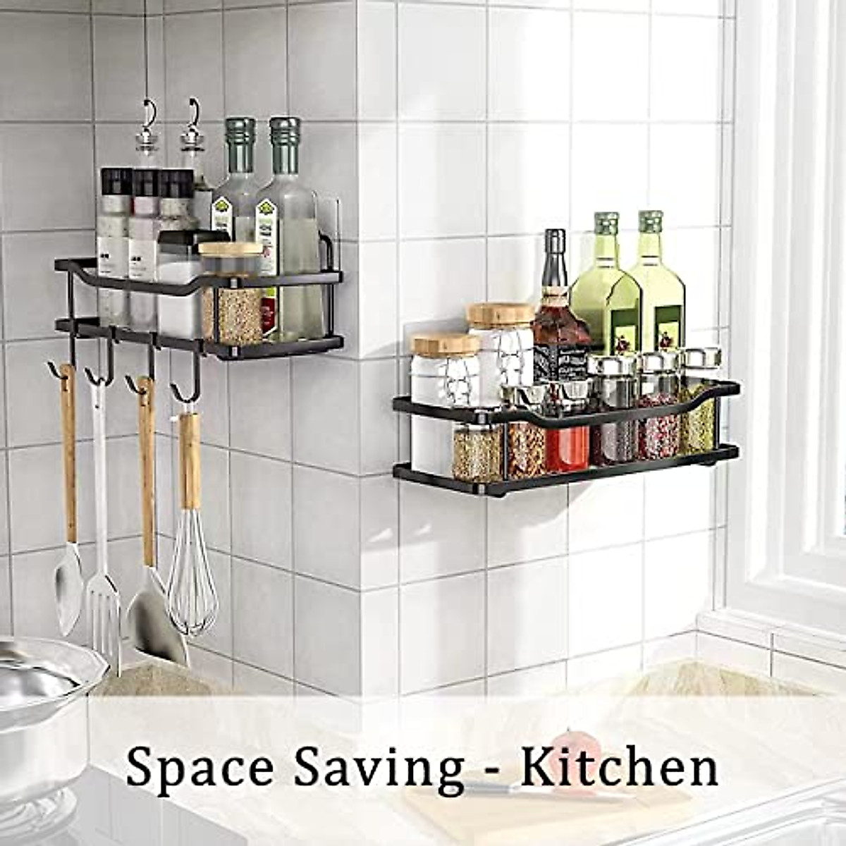 Bathroom Organizer Shelf Shower Caddy,No Drilling Adhesive Shelves Rustproof Sus304 Stainless Steel For Storage Organization,2 Pack With 4 Hooks,Matte Black Rack, SH-02