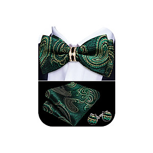 YOHOWA Green Gold Bow Tie and Pocket Square Set Pretied Bow Tie with Gold Diamond Ring