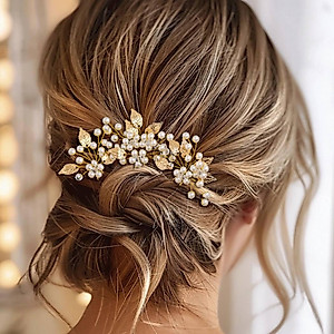 Heread Pearl Bride Wedding Hair Pins Leaf Bridal Head Piece Flower Hair Accessories for Women and Girls (Pack of 3) (Gold)