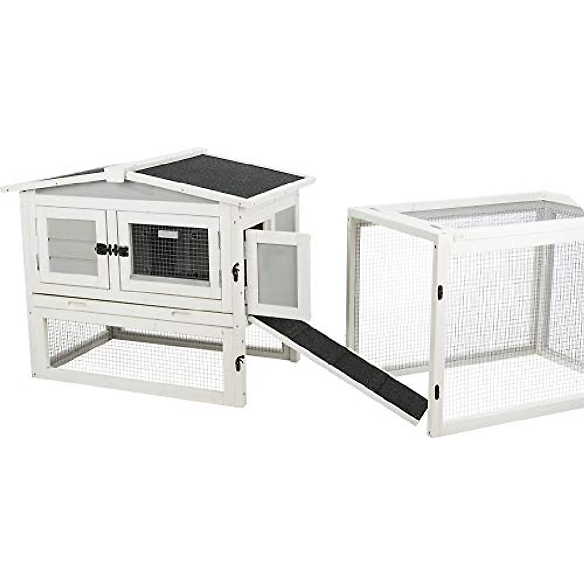 TRIXIE Natura Insulated Rabbit Hutch with Large Run, Hinged Peaked Roof, 2-Story with Ramp, for Rabbits or Guinea Pigs, Gray/White