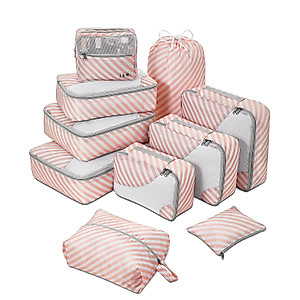 OlarHike Travel Essentials ALL INCLUDED 10 Set Sturdy Packing Cubes for Suitcases, UPGRADED Anti-Tear Stitching, NEW Improved Luggage Packing Organizers for Travel Accessories(Pink stripes)