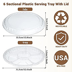 Yetene 24 Pcs 12 Inch Round Plastic Serving Tray with Lid Disposable Divided Serving Tray 6 Sectional Fruit Tray Veggie Platter Fruit Platter Container Clear Travel Organizer for Party Snack Buffet