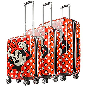FUL Disney Minnie Mouse 3 Piece Set Rolling Luggage, Polka Dot Printed Hardshell Suitcase with Wheels, 21, 25 and 29 Inch, Red (FCFL0153-603)
