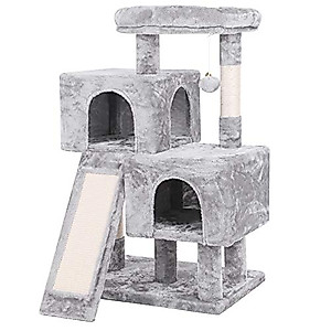 BEWISHOME Cat Tree Condo with Sisal Scratching Posts, Scratching Board, Plush Perch and Dual Houses, Cat Tower Furniture Kitty Activity Center Kitten Play House, Light Grey MMJ10G