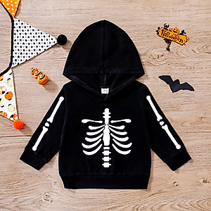 Noubeau Toddler Girls Boys Halloween Hoodie Pumpkin Ghost Print Hooded Sweatshirts Pullover Kids Shirt Tops Fall Clothes (Black- Skeleton, 1-2T)