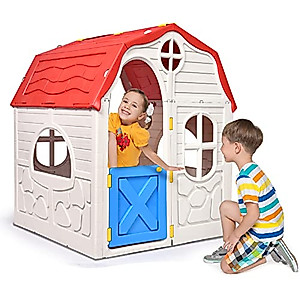HONEY JOY Outdoor Playhouse for Kids, Cottage Indoor Playhouse with Working Doors & Windows, Pretend Play House Imagination Playset Toy for Toddlers Boys Girls