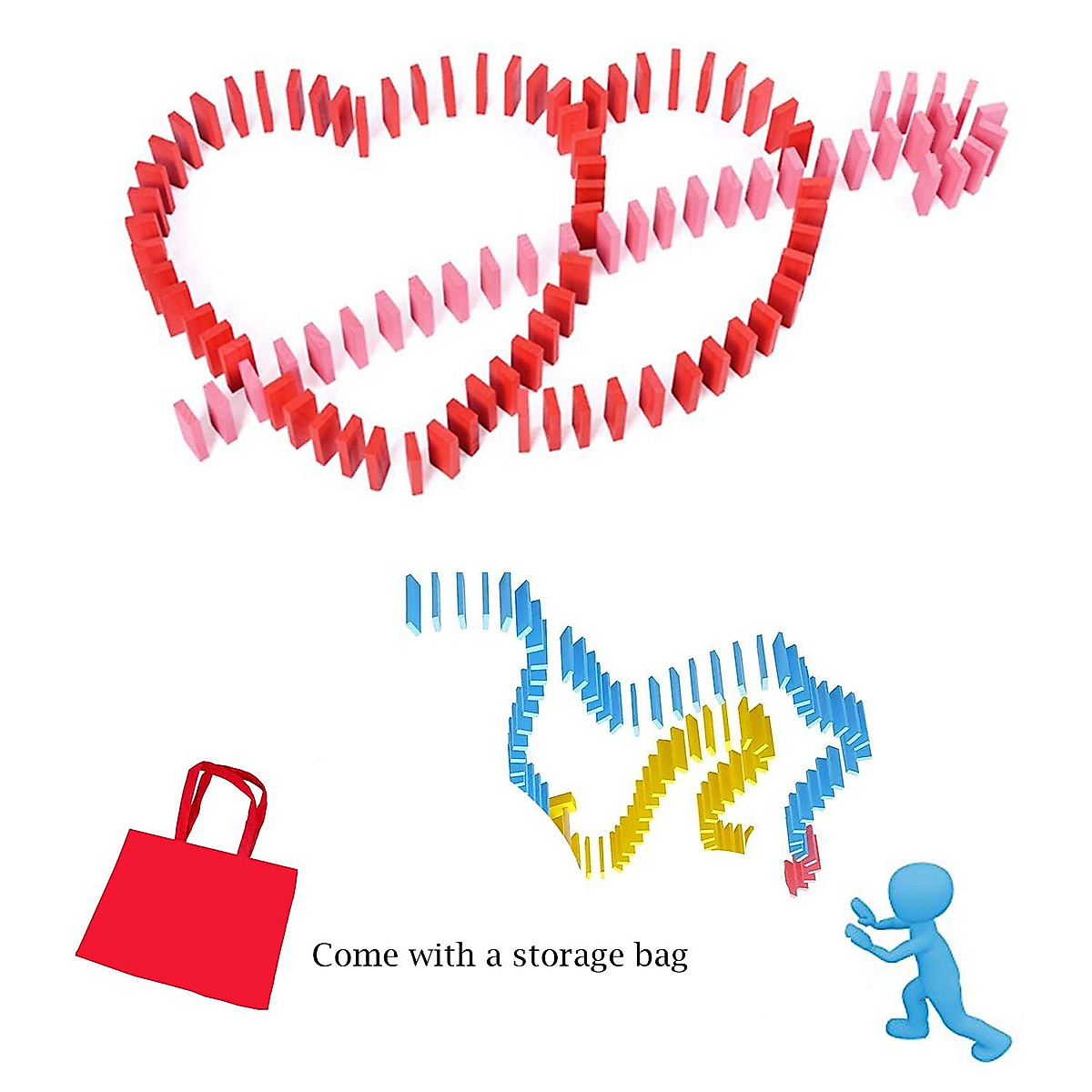 Wondertoys 600 PCS Dominoes Set for Kids Wooden Building Blocks 6 Colors Bulk Dominoes Racing Tile Games Educational Toy for Kids Birthday Party with 11 Add-on Blocks and 1 Storage Bag