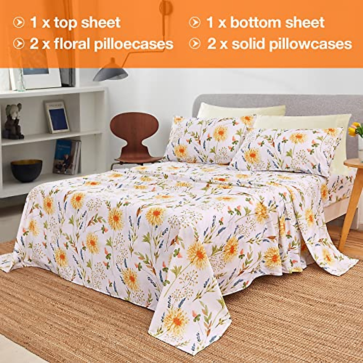JSD 6 Piece Yellow Floral Print Sheet Set Queen Size, Soft Botanical Microfiber Sheets and Pillowcases Deep Pocket