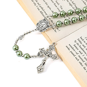Nazareth Store Green Beads Rosary Necklace Catholic Pearl Beads Rosary with Miraculous Medal and Cross Crucifix