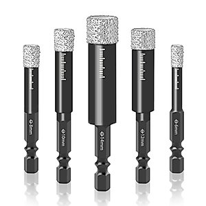 Quapkatt Dry Diamond Drill Bits Set 5 PCs for Granite Tile Ceramic Marble Stone Glass Size 1/4, 5/16, 3/8, 1/2, 5/9 inch with Quick Change Hex Shank Vacuum Brazed Diamond Core Drill Bit Kit