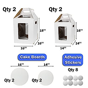 CAKINBOX Tall Cake Boxes with window and Cake Boards in 2 sizes 14x14x16 & 16x16x18 Tall Cake Carrier, Tiered Cake Box, Layer Cake Box, tier cake boxes, large cake box (PACK 4)