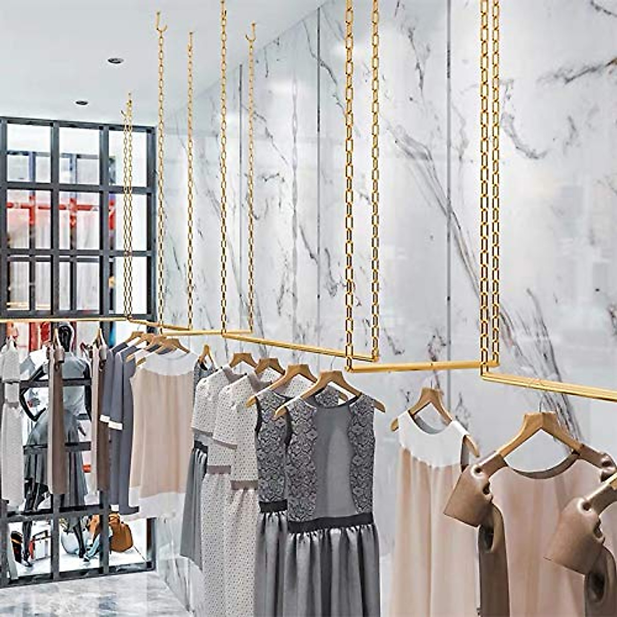 FURVOKIA 2 Pcs Creative Height Adjustable Metal Chain Clothing Hanging Racks,Commercial Wedding Dress Display Shelf,Retail Store Garment Rack,Ceiling Mount Clothes Storage Hanger (Gold, 47.2 L)