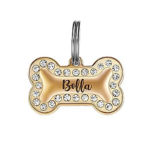 Leash King Custom Engraved Stainless–Steel Bling Pet ID Jewelry Tags for Dogs and Cats – Small PVD Gold Bone
