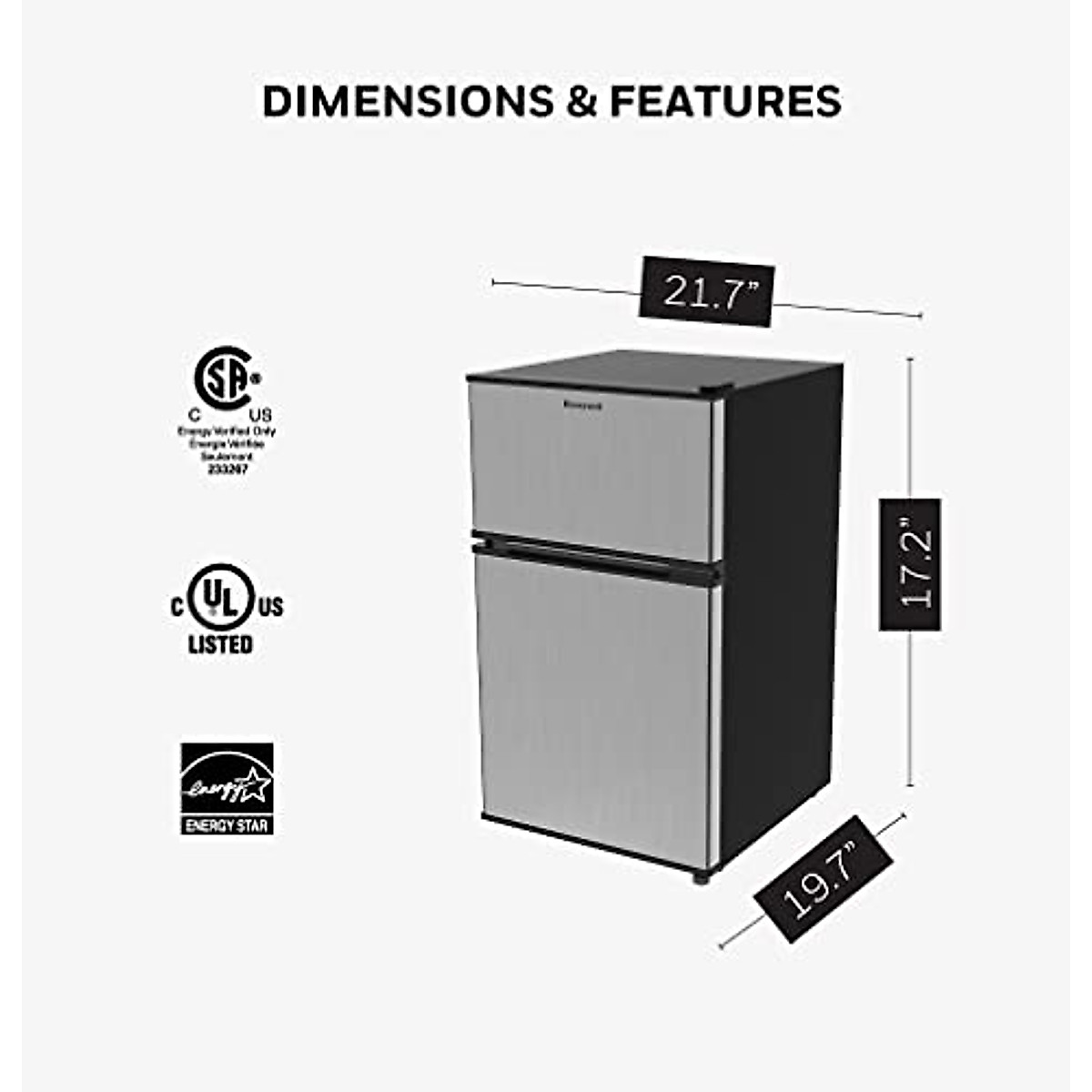Honeywell 3.1 Cu Ft Mini Fridge with Freezer, Double Door, Low noise, Compact Refrigerator for, Office, Dorm Adjustable Temperature, Stainless Steel