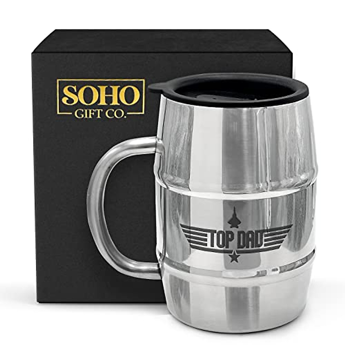 GALVANOX Gift Mug for Dad, Stainless Steel TOP DAD Barrel Cup with Handle and Sip Lid (Hot n' Cold) Double Wall Insulation for Beer & Coffee, 17oz (Gift Boxed for Christmas/Fathers Day)