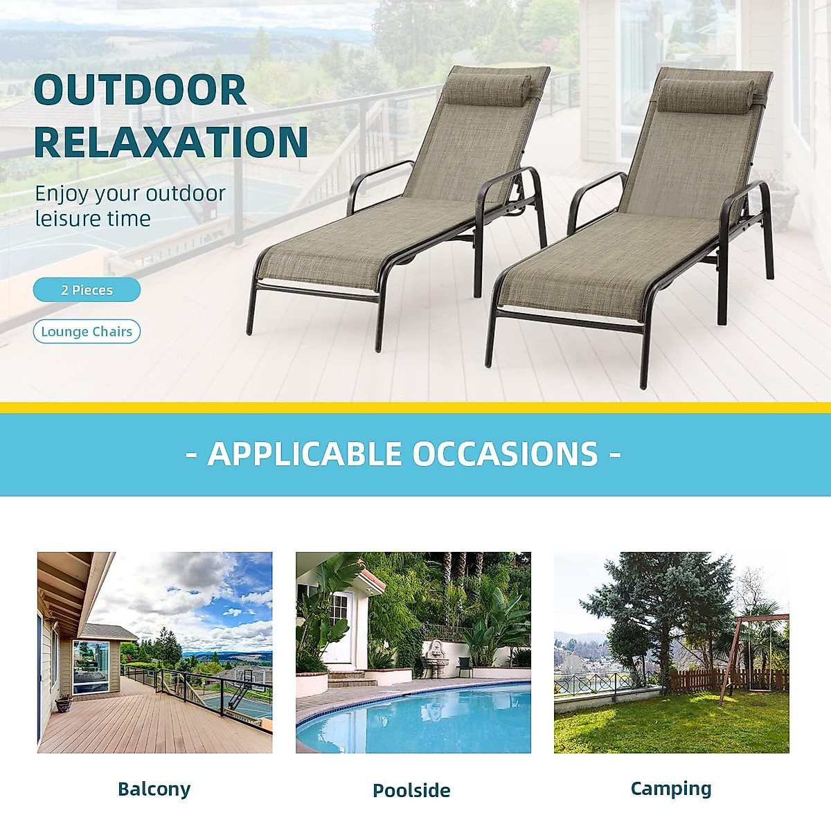 EROMMY Patio Chaise Lounge, Set of 2 Outdoor Lounge Chair (Brown)