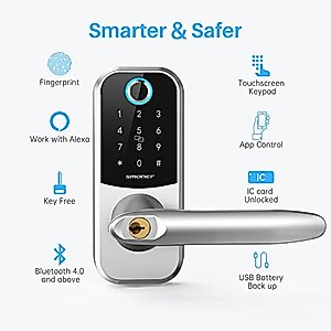 Smart Lock, SMONET Deadbolt Lock with Keypad, Keyless Entry Biometric Fingerprint Front Door Locks, Bluetooth Electronic Digital Lock with Reversible Handle, App Control, IC Card for Home, Apartment