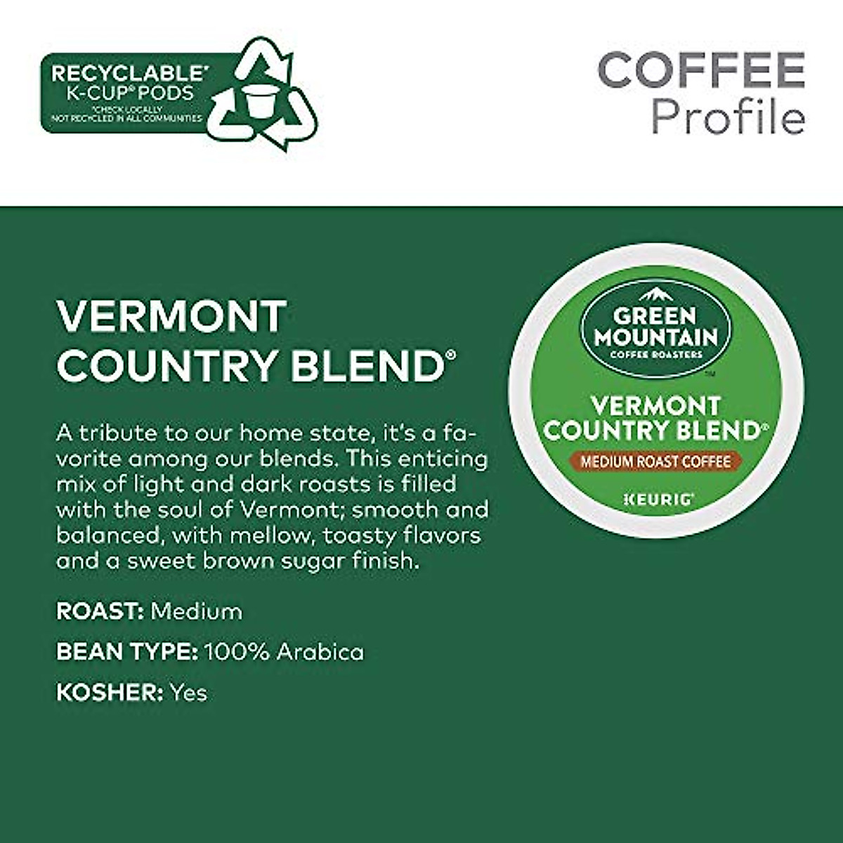 Green Mountain Coffee Roasters Vermont Country Blend, Single-Serve Keurig K-Cup Pods, Medium Roast Coffee,24 Count (Pack of 4)
