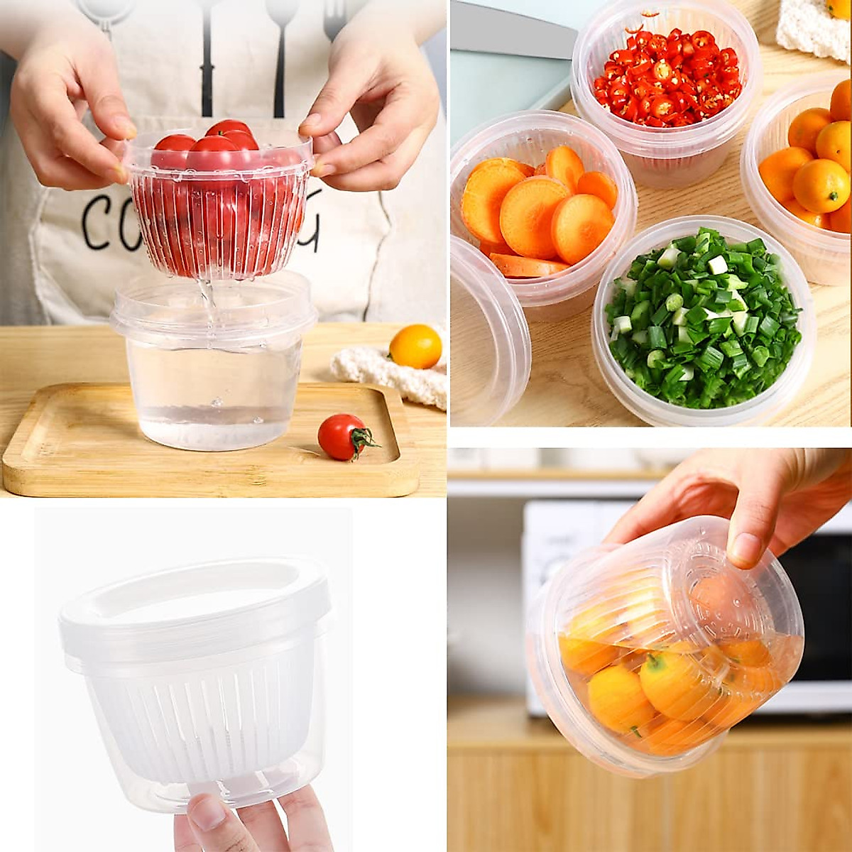 UtySty 4 Pack Onion Keeper Onion Saver Storage Container 2 Layer with Strainer Odor-Free 0.5L Holder Organizer for Refrigerator Chopped Ginger Garlic Fridge Berry Blueberries Tomato Avocado Lemon