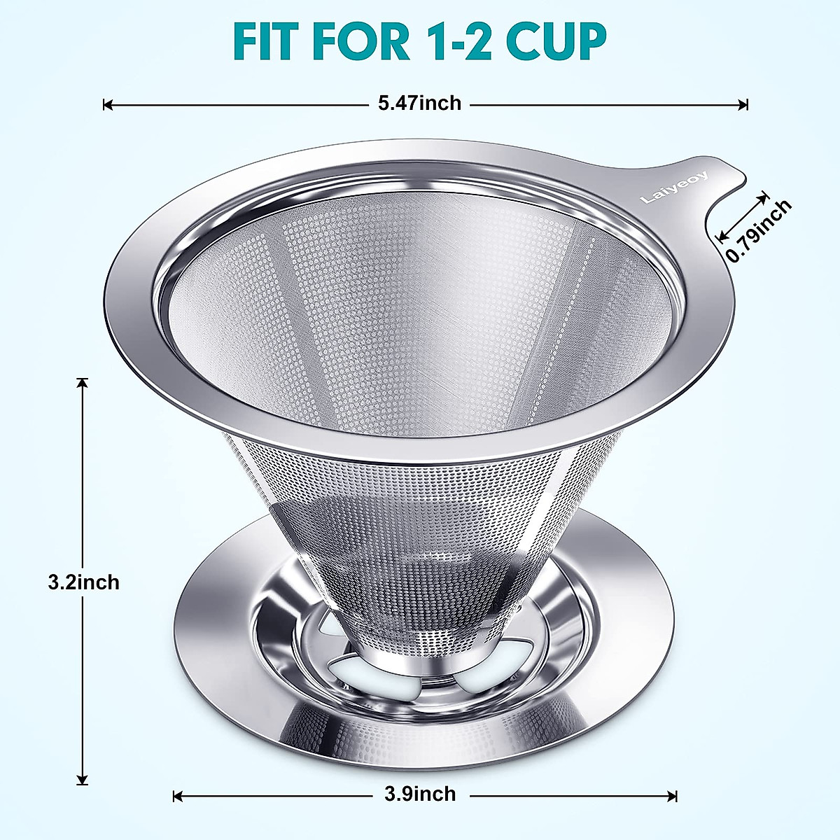 Laiyeoy Pour Over Coffee Dripper, Slow Drip Paperless Coffee Filter, Stainless Steel Pour Over Coffee Maker for Single Cup Brew, Double Mesh Design of Manual Reusable Cone Filter.