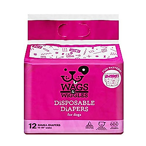 Wags & Wiggles Female Dog Diapers | Doggie Diapers for Female Dogs | Small Dog Diapers, 15"-19" Waist - 12 Pack | Disposable Dog Diapers for Female Dogs