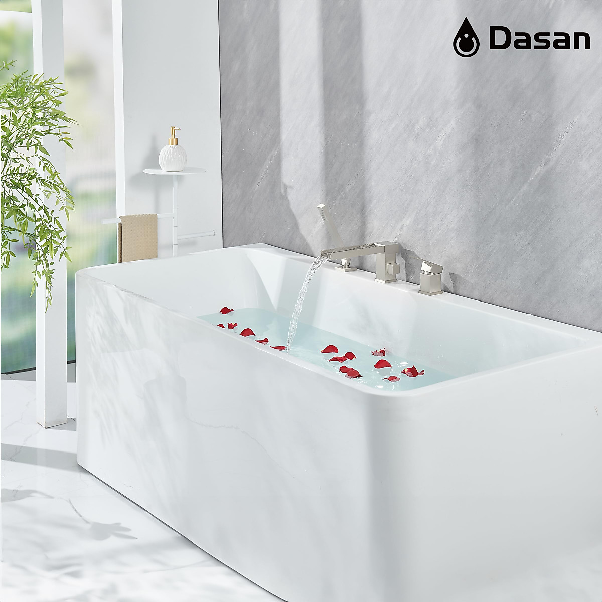 DASAN Roman Bathtub Faucet Set with Handheld Shower Sprayer 3-Hole Deck Mount Square Tub Filler Faucet Set, Brushed Nickel Waterfall Roman Tub Faucet with Valve Included, DA-TF09SWH-BN