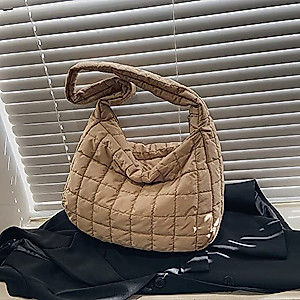 Quilted Tote Bags for Women Lightweight Quilted Padding Shoulder Bag Down Cotton Padded Large Tote Bags Lattice Crossbody Bag Zip Closure