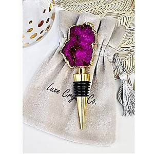 LUXE CRYSTAL CO. Handcrafted Purple Magenta Pink Agate Druzy Gold Natural Crystal Wine Champagne Stopper Handmade Bottle Barware Housewarming Bridal Shower (Pink)