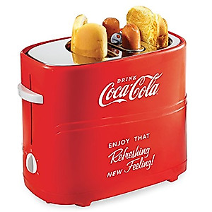 Nostalgia Coca-Cola 2 Slot Bun Mini Tongs, Hot Dog Toaster Works with Chicken, Turkey, Veggie Links, Sausages and Brats, Retro Red