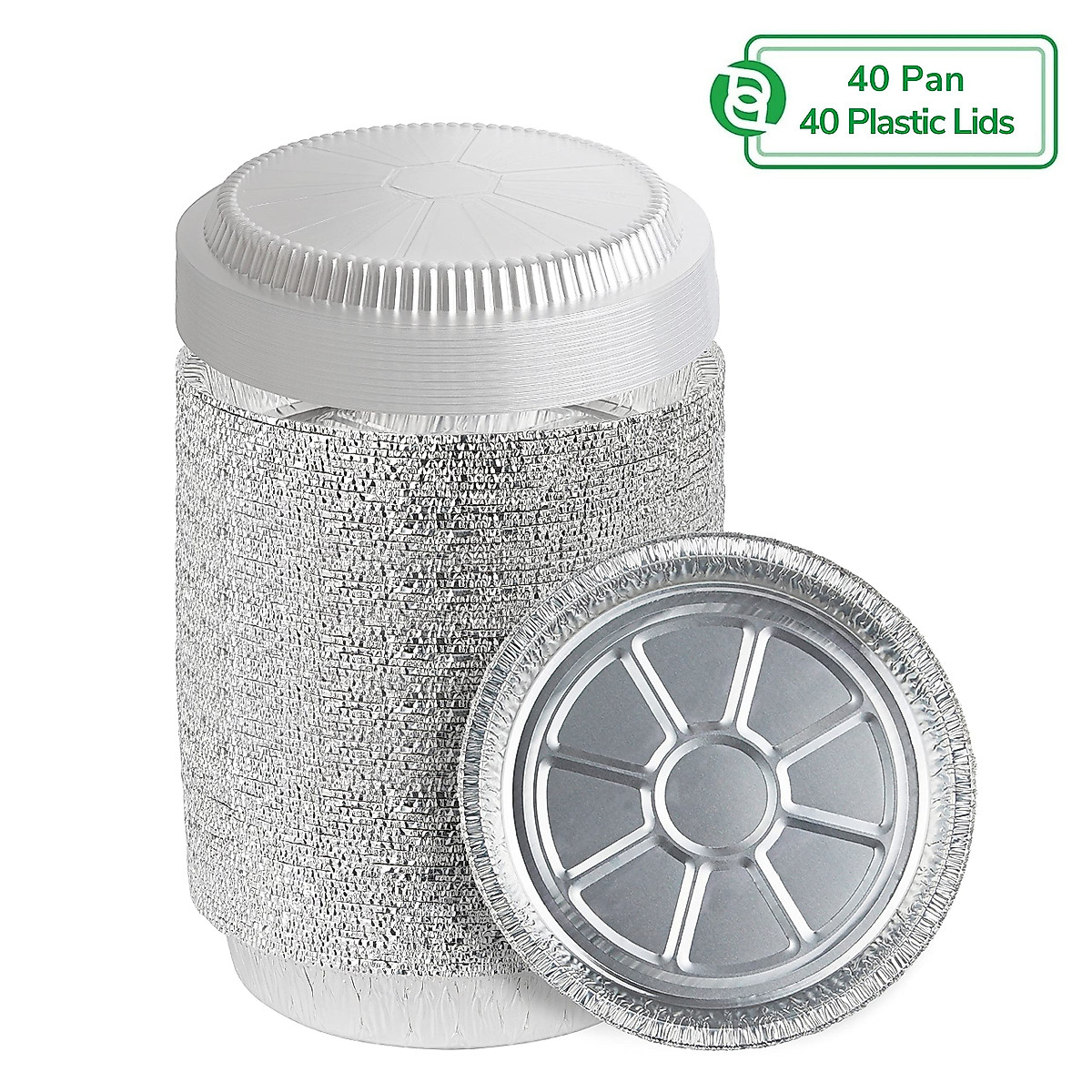 PARTY BARGAINS 9-Inch Round Heavy Duty Disposable Aluminum Pans - 40 Pack (Set with Plastic Lids) - For Baking, Roasting, BBQ, Perfect for Kitchen, Takeout Food, Catering, Picnic, Camping (Max 240°C)
