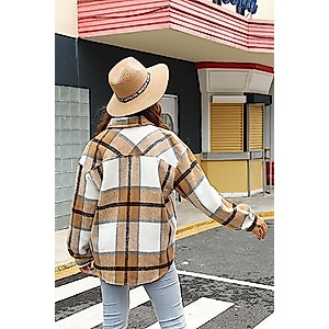 BOUTIKOME Womens Plaid Shacket Button Down Long Sleeve Shirt Coat Fall Winter Flannel Jacket Loose Shirts(Khaki, Large)