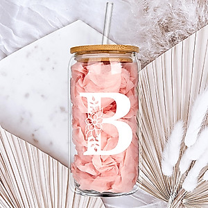 Personalized Gifts for Women, Monogrammed Glass Cups with Lids and Straws, Custom Tumbler, Cute Customized Mug, Aesthetic Stuff, Initial Iced Coffee Cup, Drinking Glasses, Birthday Teacher Gifts, A