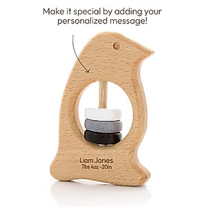 Personalized Wooden Baby Rattle Teether Gift with Baby Name Engraved – A Perfect Keepsake - Infant and Newborn Toys – Baby Girl or Boy Rattle and Teething Toy – Penguin Monochrome