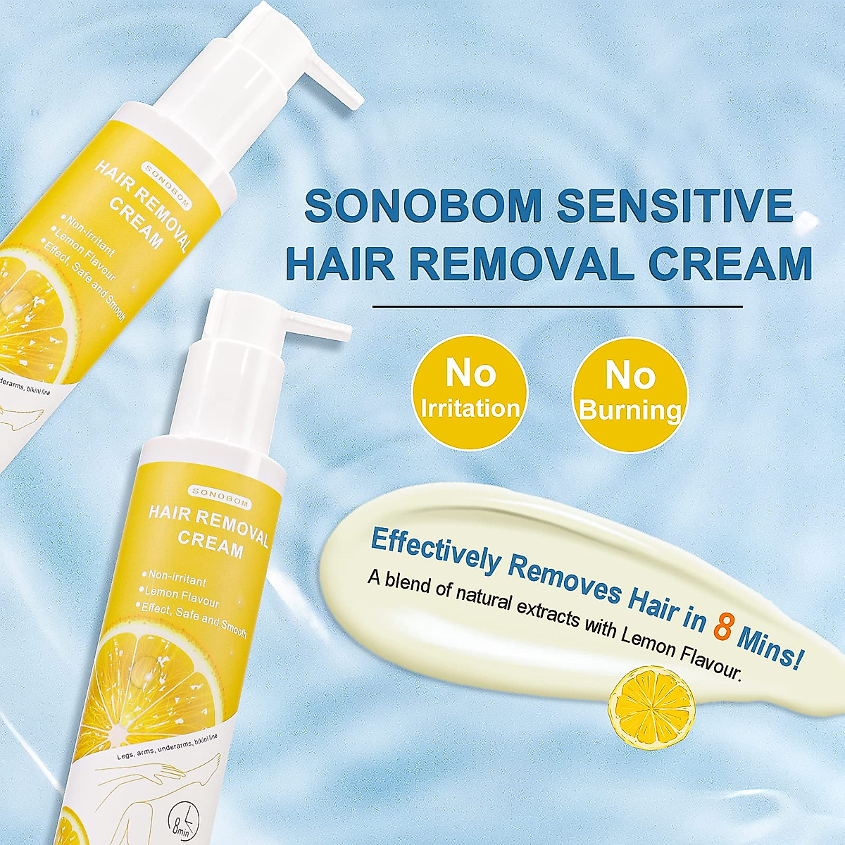 Sonobom Hair Removal Cream, Lemon Flavor, Painless, Non-Irritant for Sensitive Skin, 5.07 Fl oz, For Intimate Area, Arms, Legs, Underarms, Chest, Dermatologically Tested, Unisex