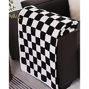Panku Super Soft Checkered Throw Blanket, Knitted Cozy Warm Checkboard Fleece Blankets for Couch and Sofa, Reversiable Luxury Fluffy Plaid Knit Blanket Throw Black and White 50x60 Inches