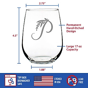 Monogram Floral Letter P - Stemless Wine Glass - Personalized Gifts for Women and Men - Large Engraved Glasses