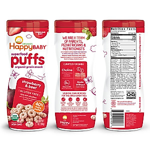 Happy Baby Organic Superfood Puffs Strawberry & Beet, 2.1 Ounce Canister Organic Baby or Toddler Snacks, Crunchy Fruit & Veggie Snack, Choline to Support Brain & Eye Health