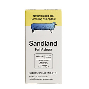Sandland Fall Asleep Plus Melatonin, Natural Daily Sleep Supplement, 30 Dissolving Tablets, 3mg Melatonin, Magnesium, Valerian Root, L-Theanine, Peppermint Leaf, Made in The USA