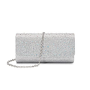 Leanoria Crystal Evening Clutch Silver Purse Chain Shoulder Crossbody Bag Bling Rhinestone Purse for Bride (Silver)