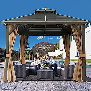 NOBLEMOOD 10’ x 13’ Hardtop Gazebo with Curtains and Netting, Double Roof Outdoor Gazebo with Canopy, Aluminum Frame Permanent Gazebo for Patio Garden