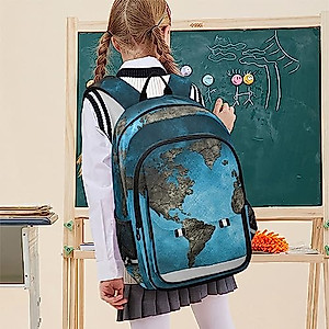 ZENWAWA Realistic World Map Kids School Backpack for Girls Boys, Travel Backpacks with Reflective Strips Multiple Pockets for School Hiking Summer Camp 17.7 inches