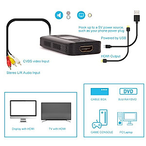 BD&M RCA to HDMI Converter, Composite to HDMI Adapter, Male AV to HDMI Converter Support 1080P PAL/NTSC Compatible with PS one, PS2, PS3, STB, Xbox, VHS, VCR, Blue-Ray DVD Players