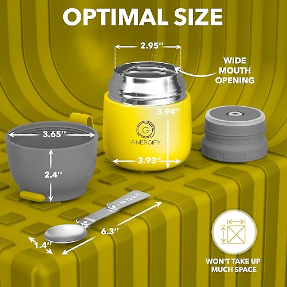 Vacuum Insulated Food Jar Portable 12oz Thermos incl. Folding Spoon, Cup. Hot & Cold Drinks Heated Soup Lunch Container for Kids and Women Premium BPA-Free Stainless Steel Leak Proof Starfruit Yellow